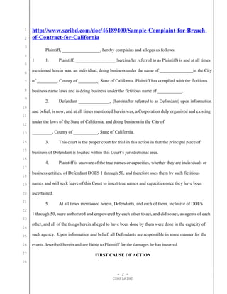 Sample California complaint for breach of contract and common counts | DOC