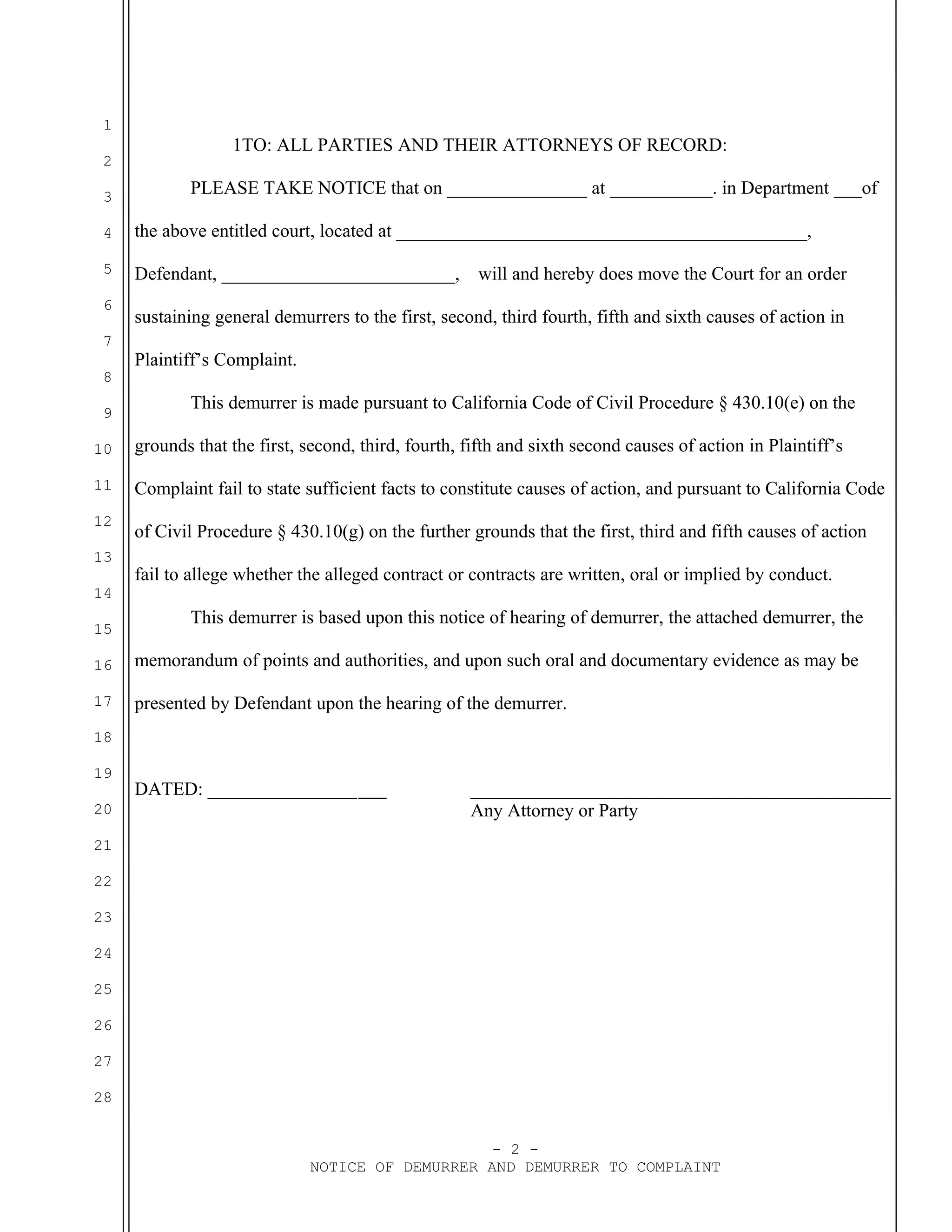 Sample California demurrer to complaint for breach of contract | DOC