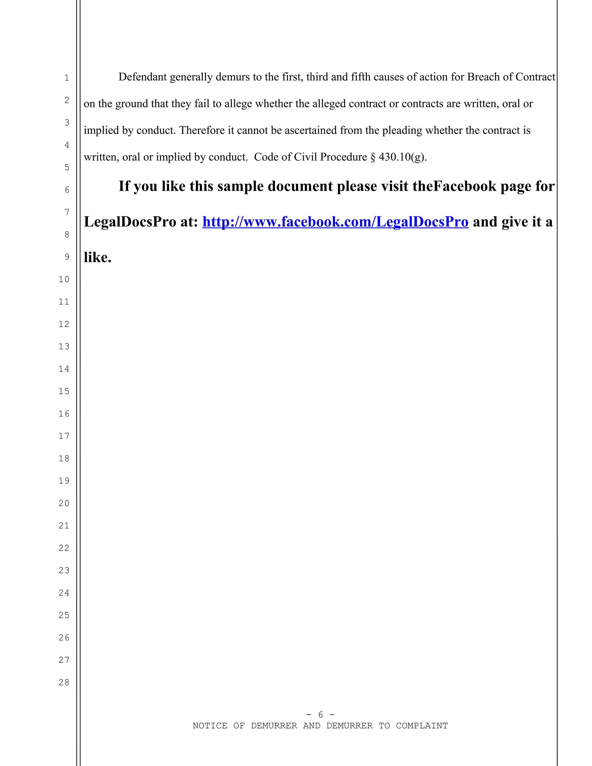 Sample California demurrer to complaint for breach of contract | DOC