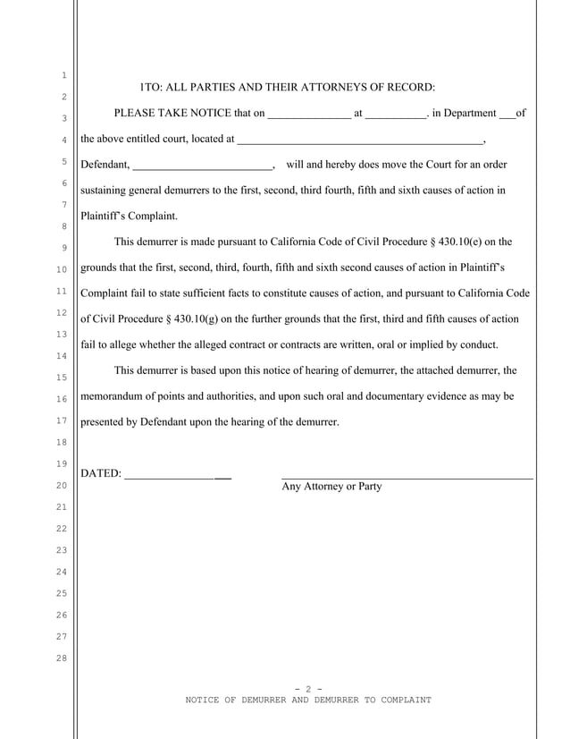 Sample California demurrer to complaint for breach of contract | DOC | Law
