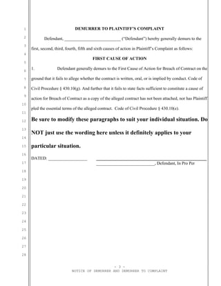 Sample California demurrer to complaint for breach of contract | DOC