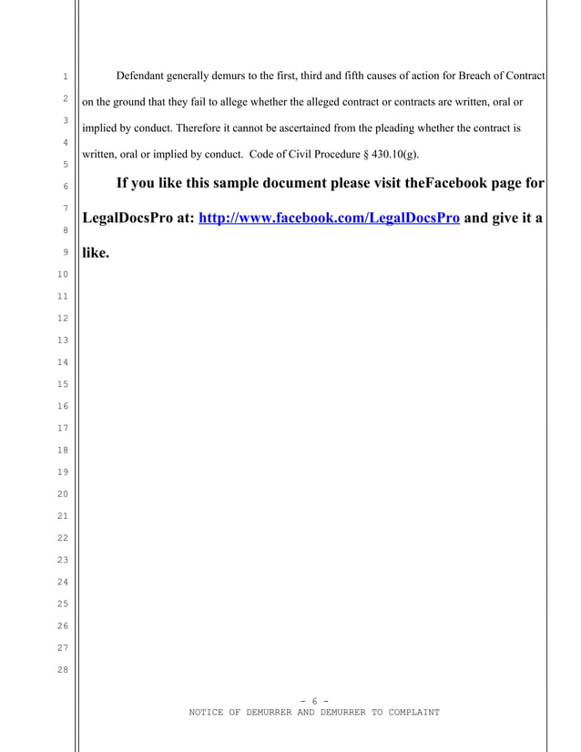 Sample California demurrer to complaint for breach of contract | DOC | Law