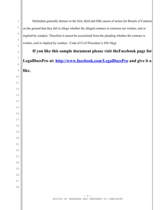 Sample California demurrer to complaint for breach of contract | DOC