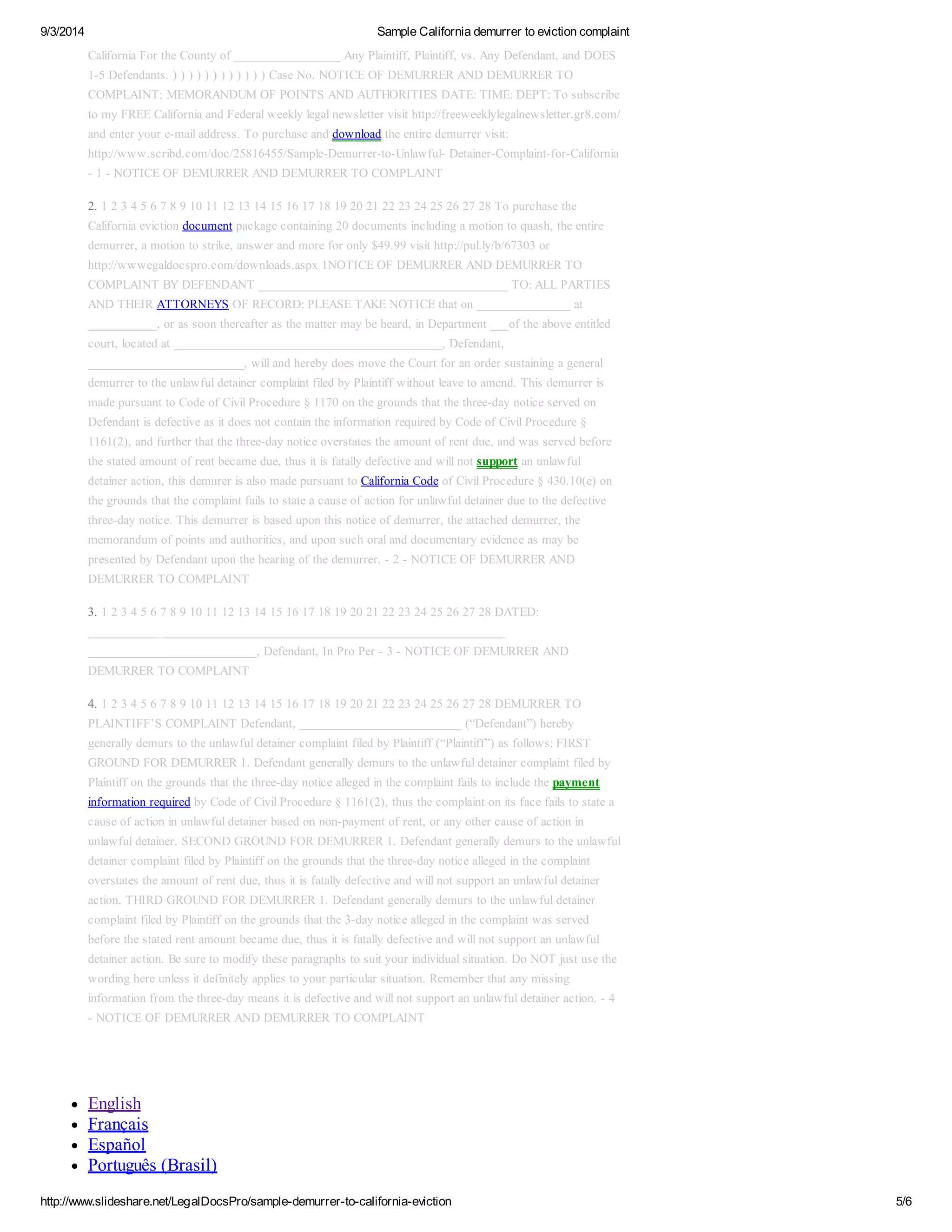 Sample california demurrer to eviction complaint | PDF