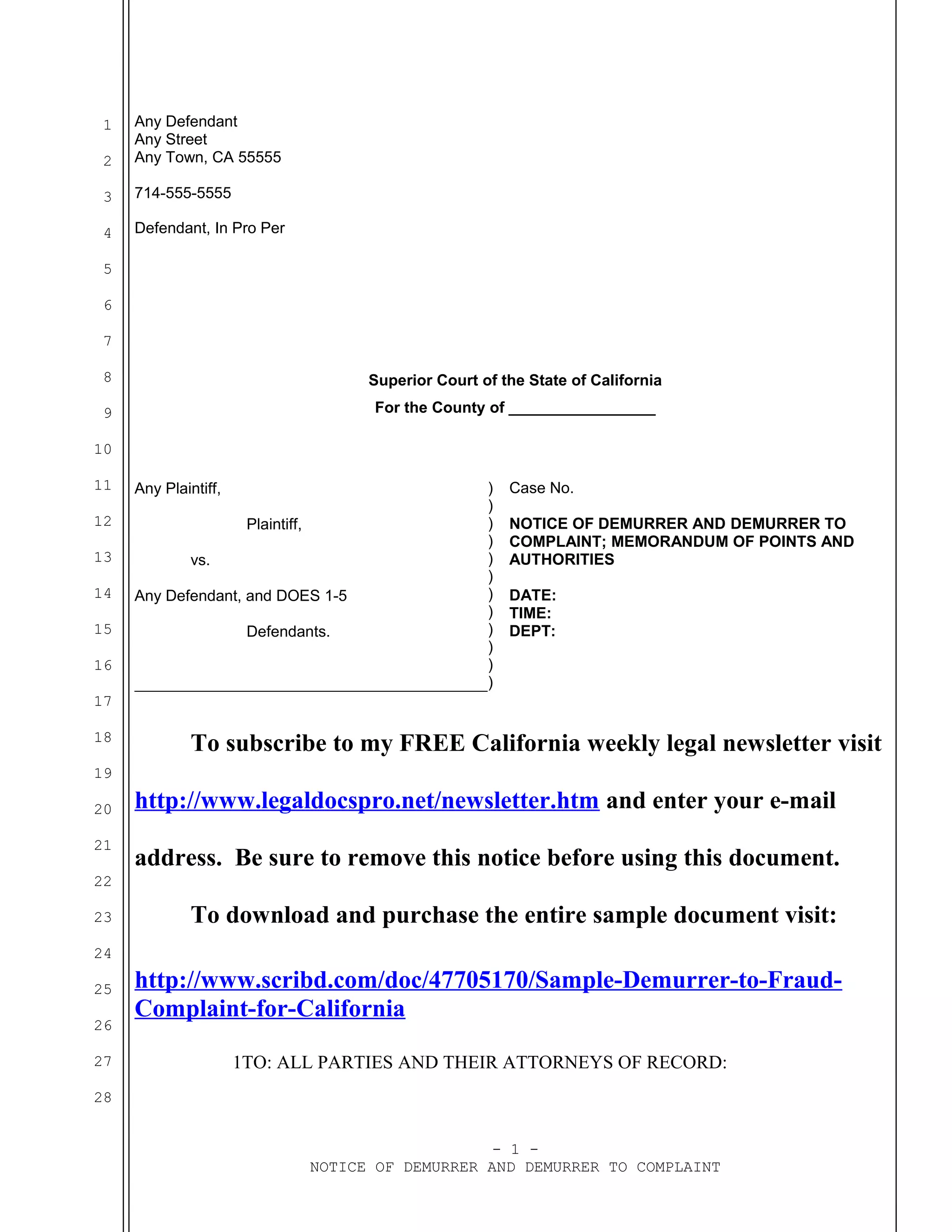 Sample california demurrer to fraud complaint | DOC