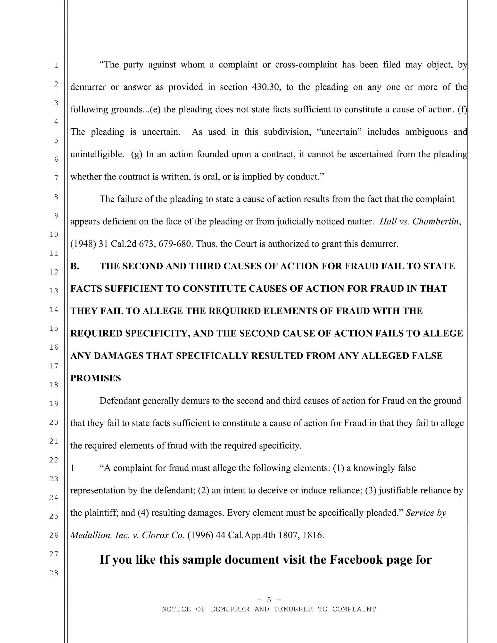 Sample california demurrer to fraud complaint | DOC