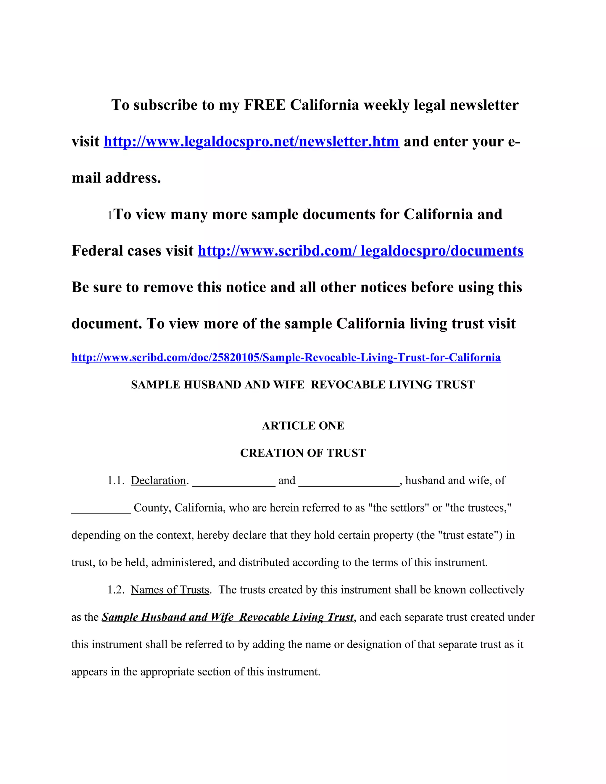 Sample California revocable living trust with spendthrift provision | DOC