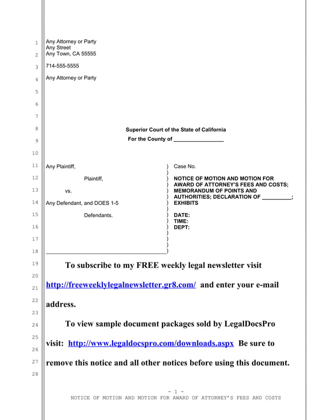 Sample California motion for attorney fees after judgment | DOC | Legal ...