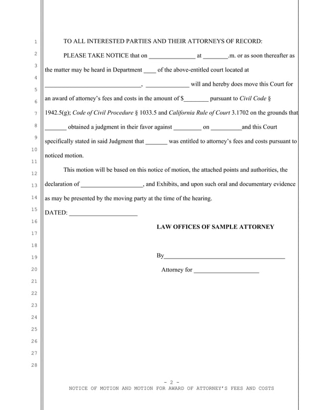 Sample California motion for attorney fees after judgment | DOC | Legal ...