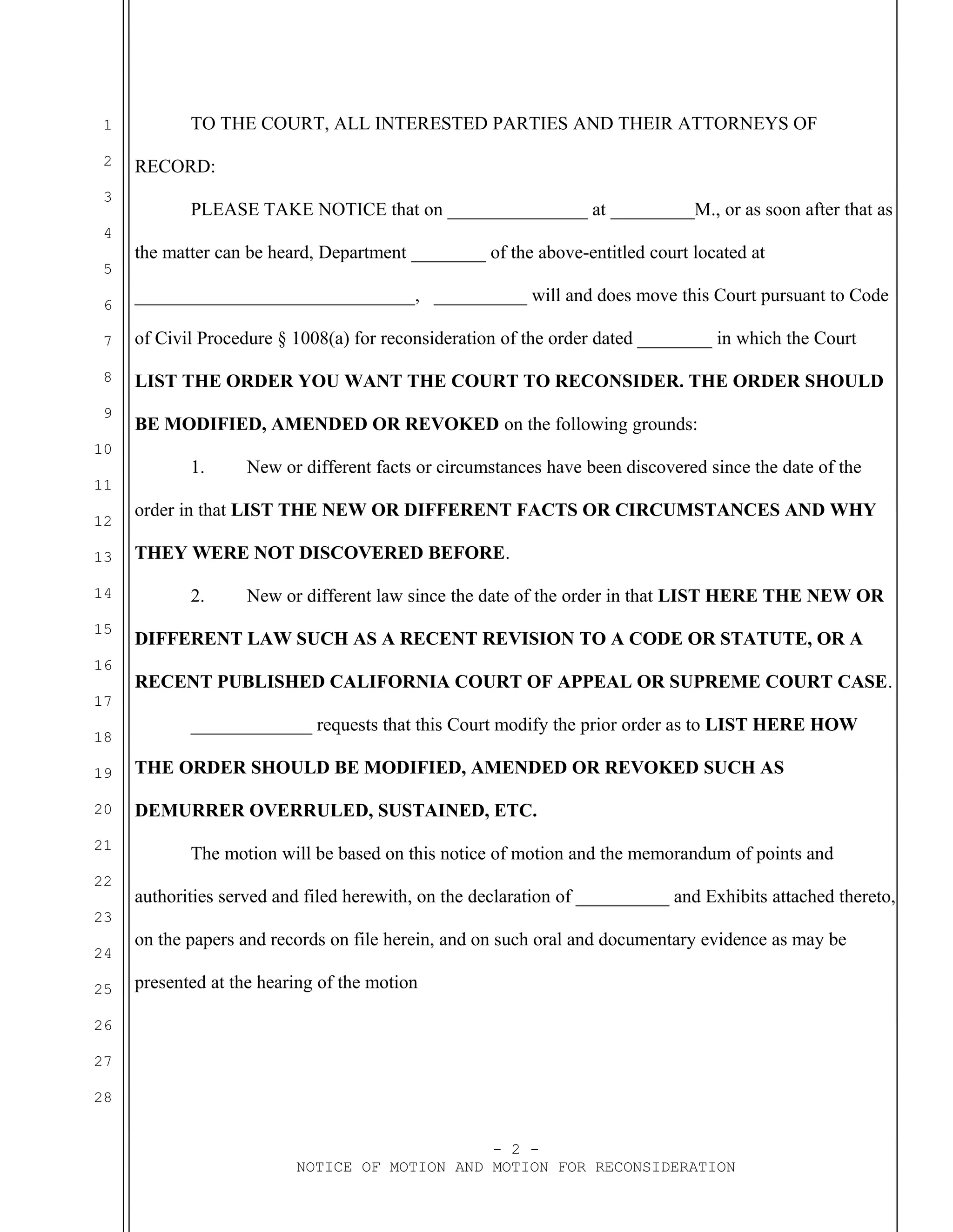 Sample California motion for reconsideration under Code of Civi ...