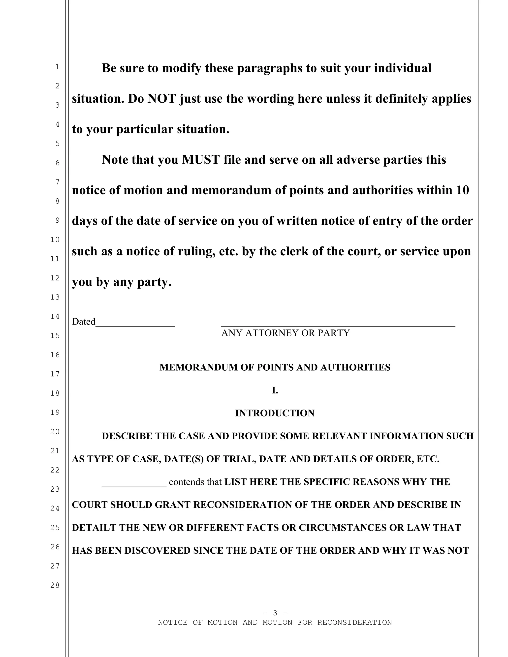 Sample California motion for reconsideration under Code of Civi Procedure section 1008(a) | DOC