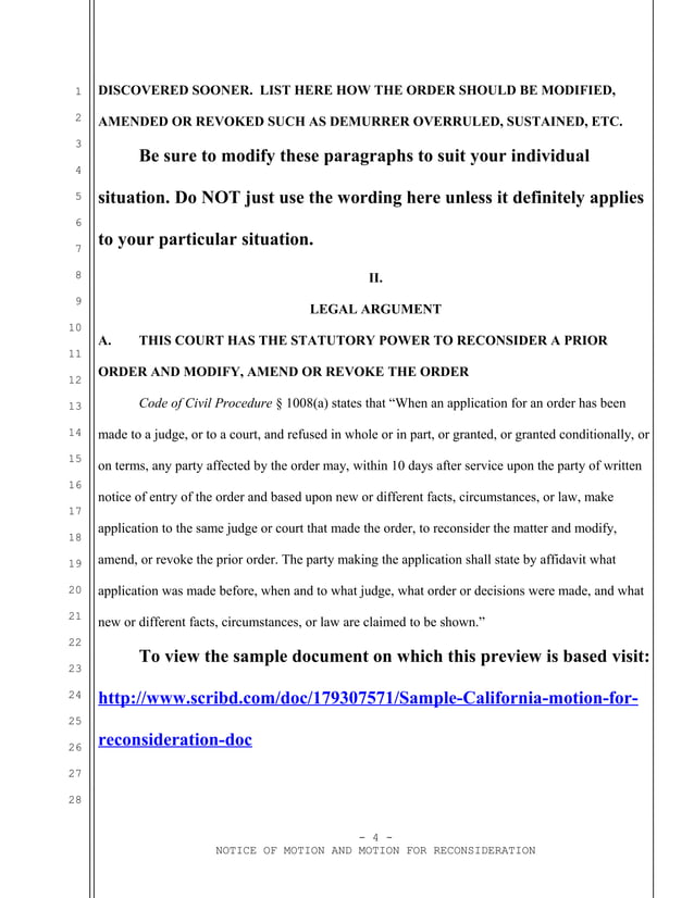 Sample California motion for reconsideration under Code of Civi ...