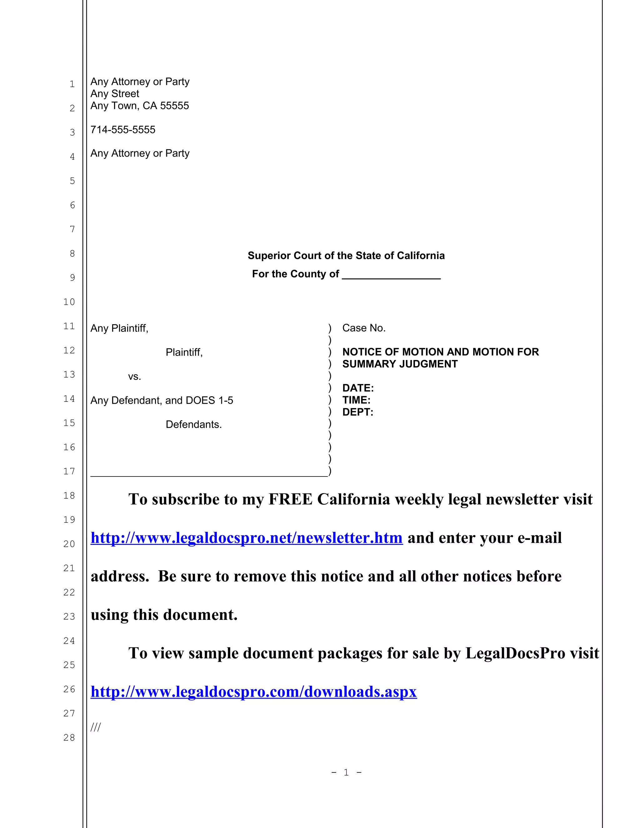 Sample California motion for summary judgment in unlawful detainer ...