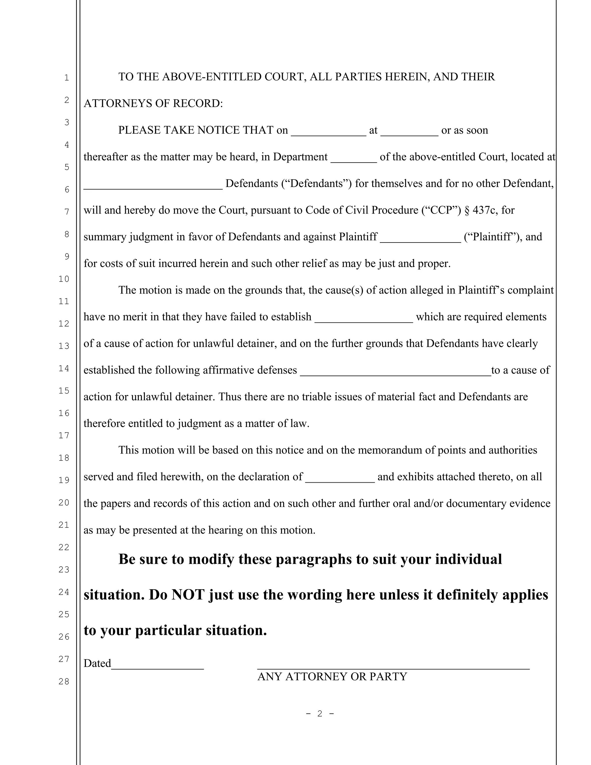 Sample California motion for summary judgment in unlawful detainer (eviction) | DOC