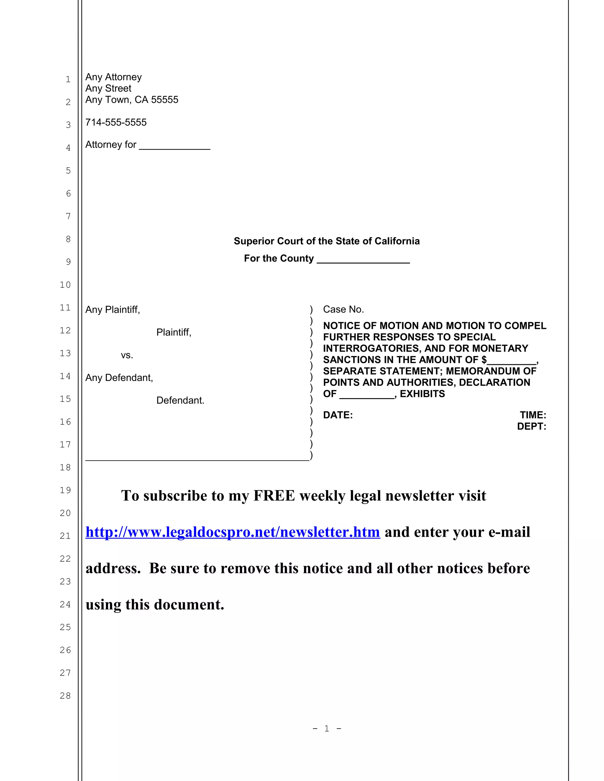 Sample California motion to compel further responses to special ...