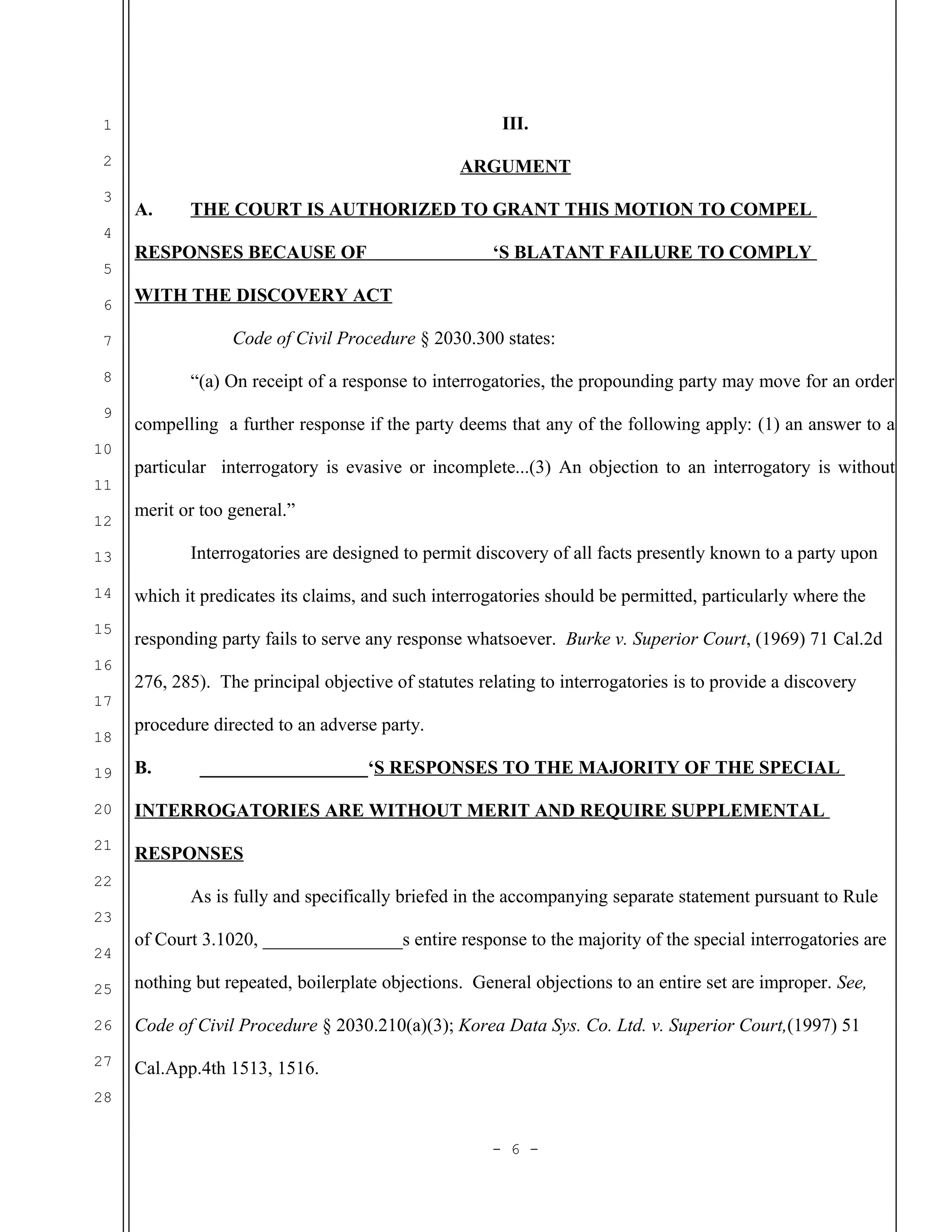 Sample California motion to compel further responses to special ...