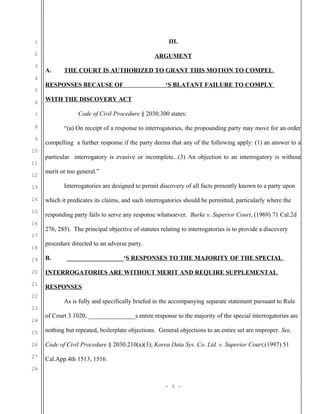 Sample California motion to compel further responses to special ...