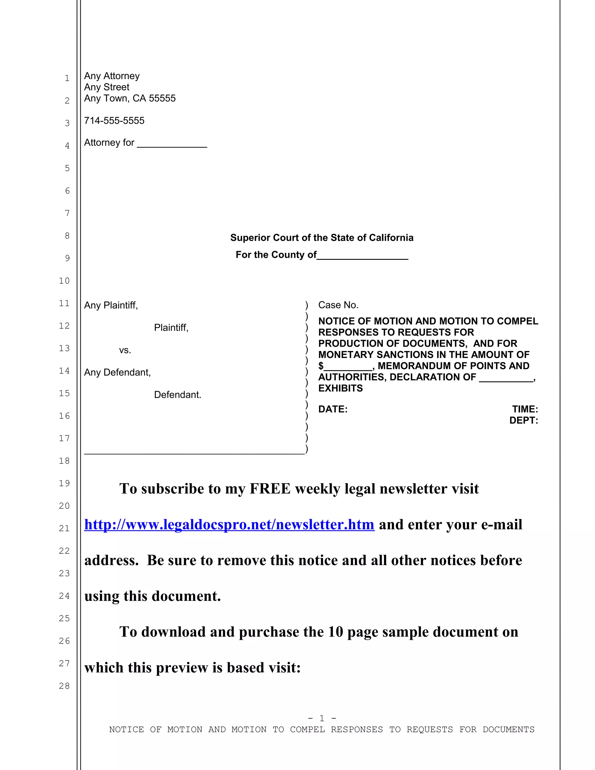 Sample California motion to compel responses to requests for production ...