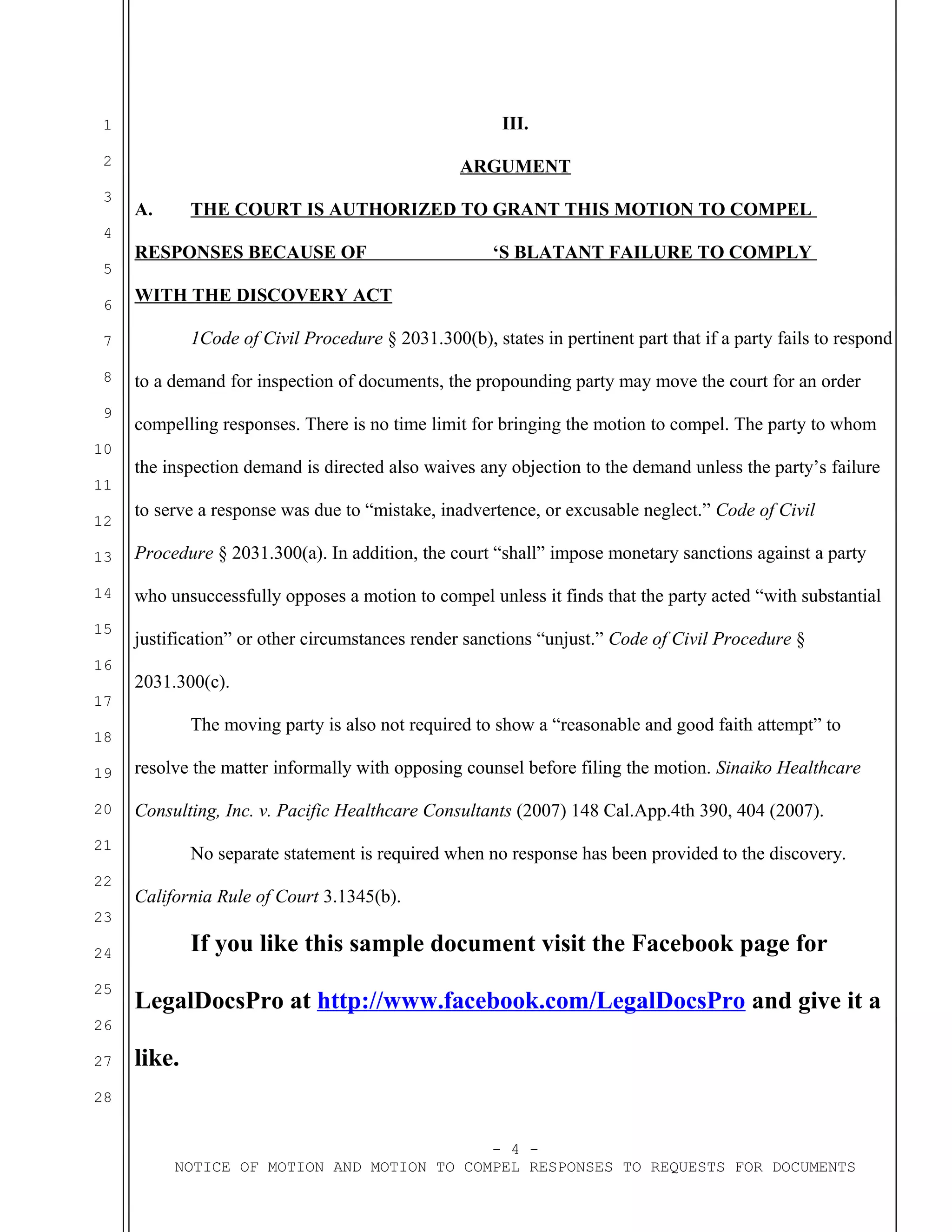 Sample California motion to compel responses to requests for production ...