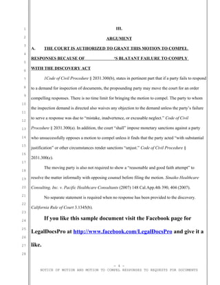 Sample California motion to compel responses to requests for production ...