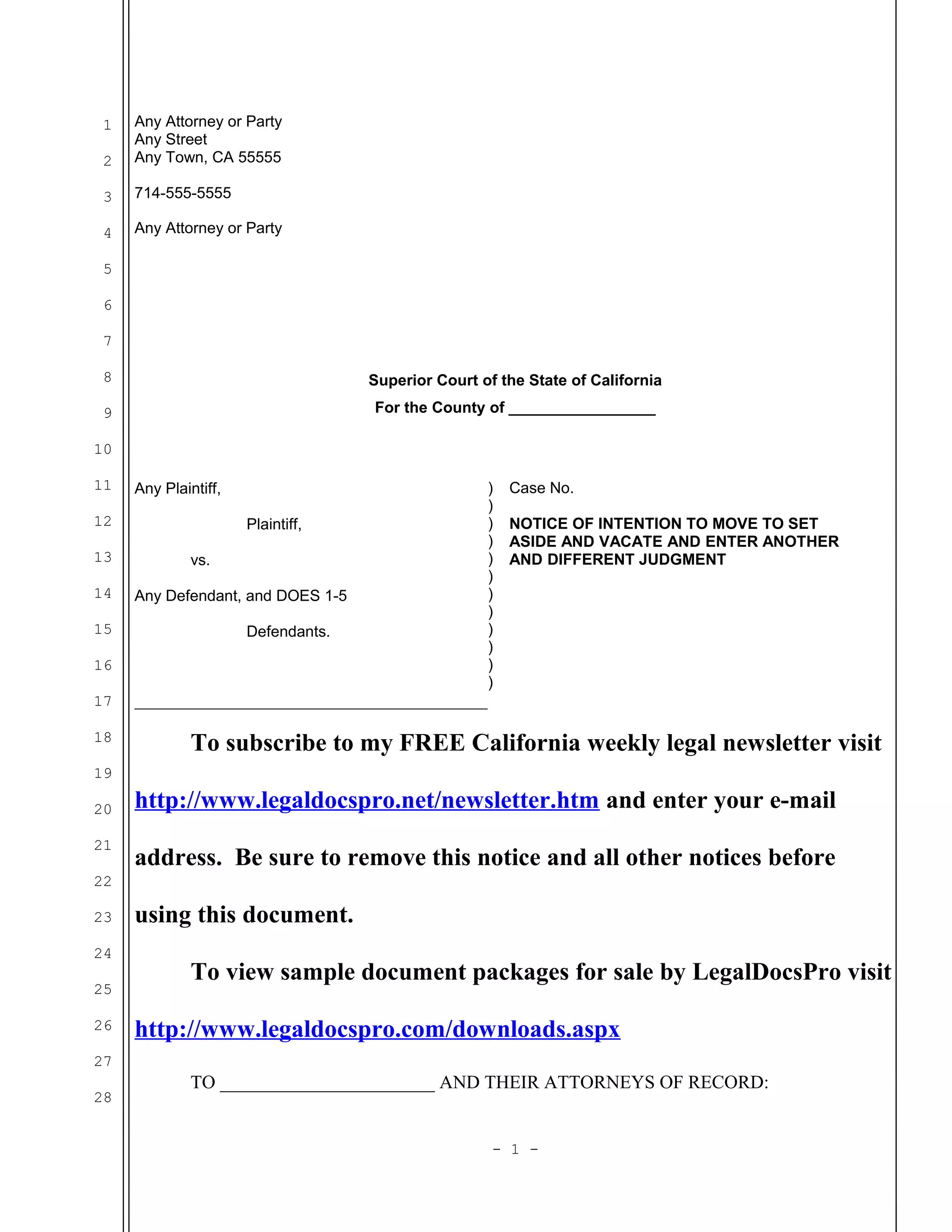 Sample California motion to vacate judgment and enter different ...