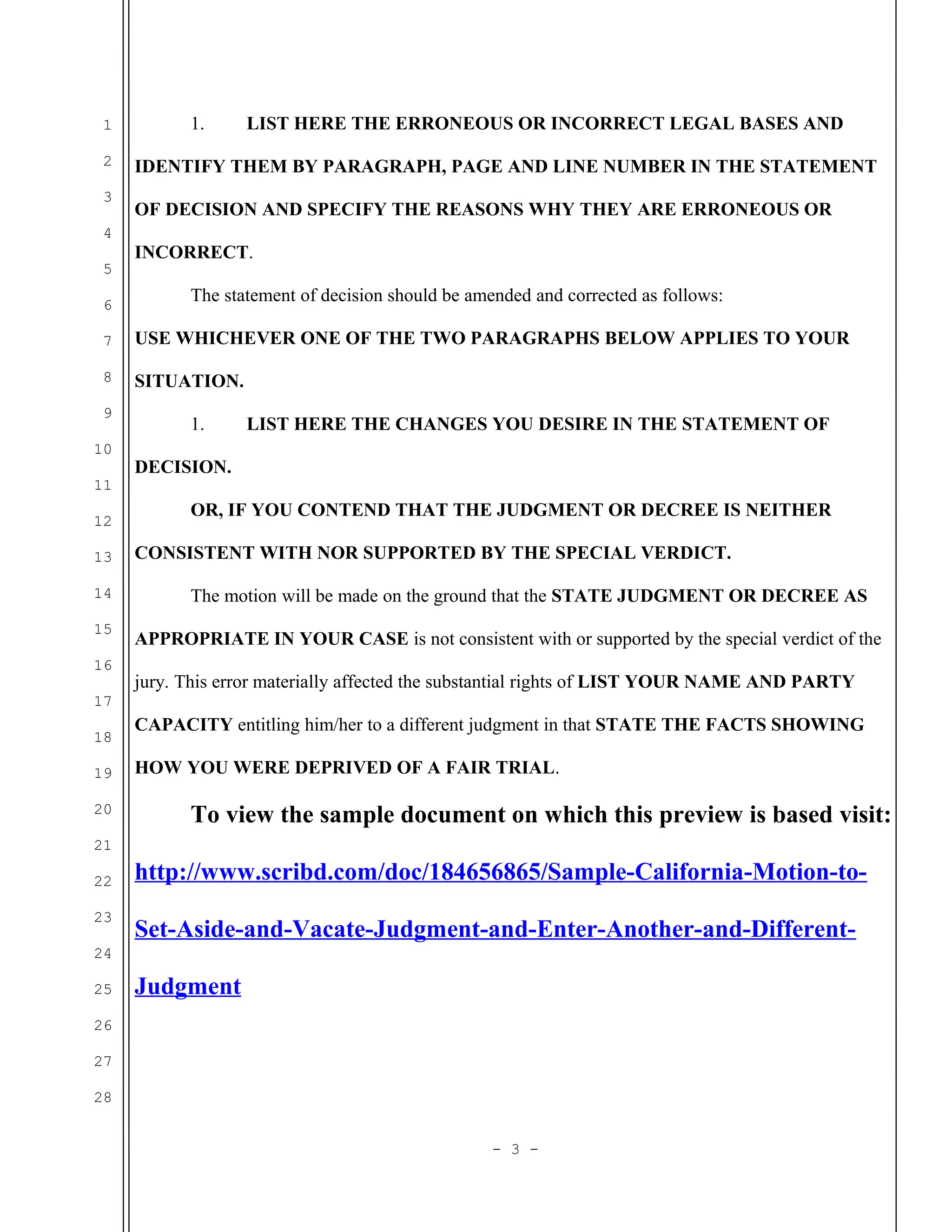 Sample California motion to vacate judgment and enter different ...