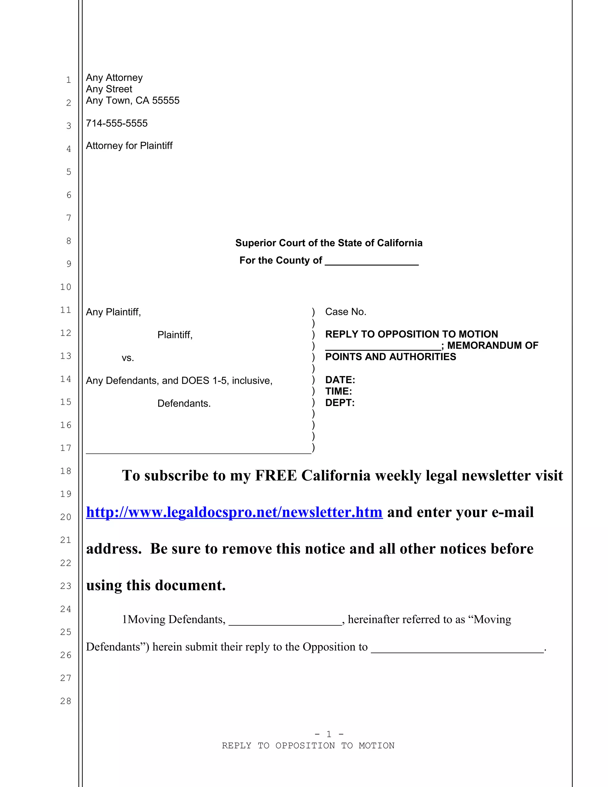 Sample California reply to opposition to motion | DOC