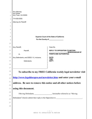Sample California reply to opposition to motion | PDF