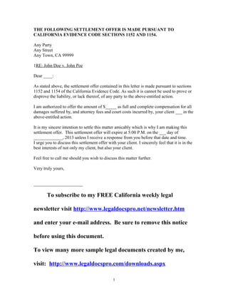 Sample California settlement offer letter | DOC