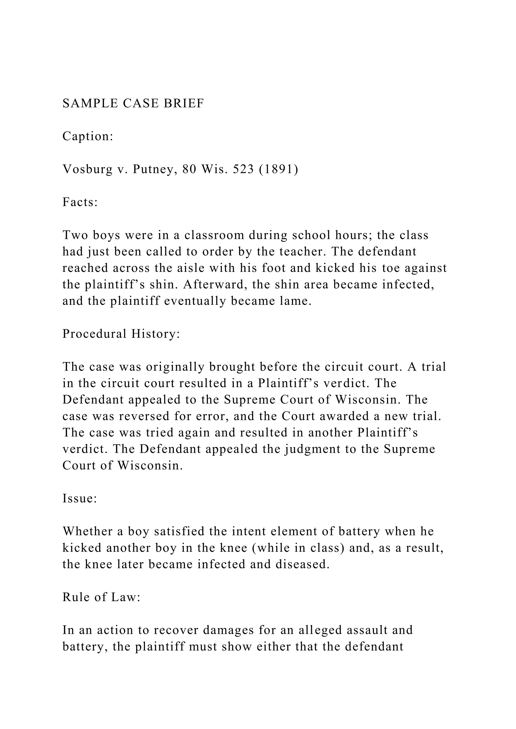 SAMPLE CASE BRIEFCaption Vosburg v. Putney, 80 Wis. 523 (.docx