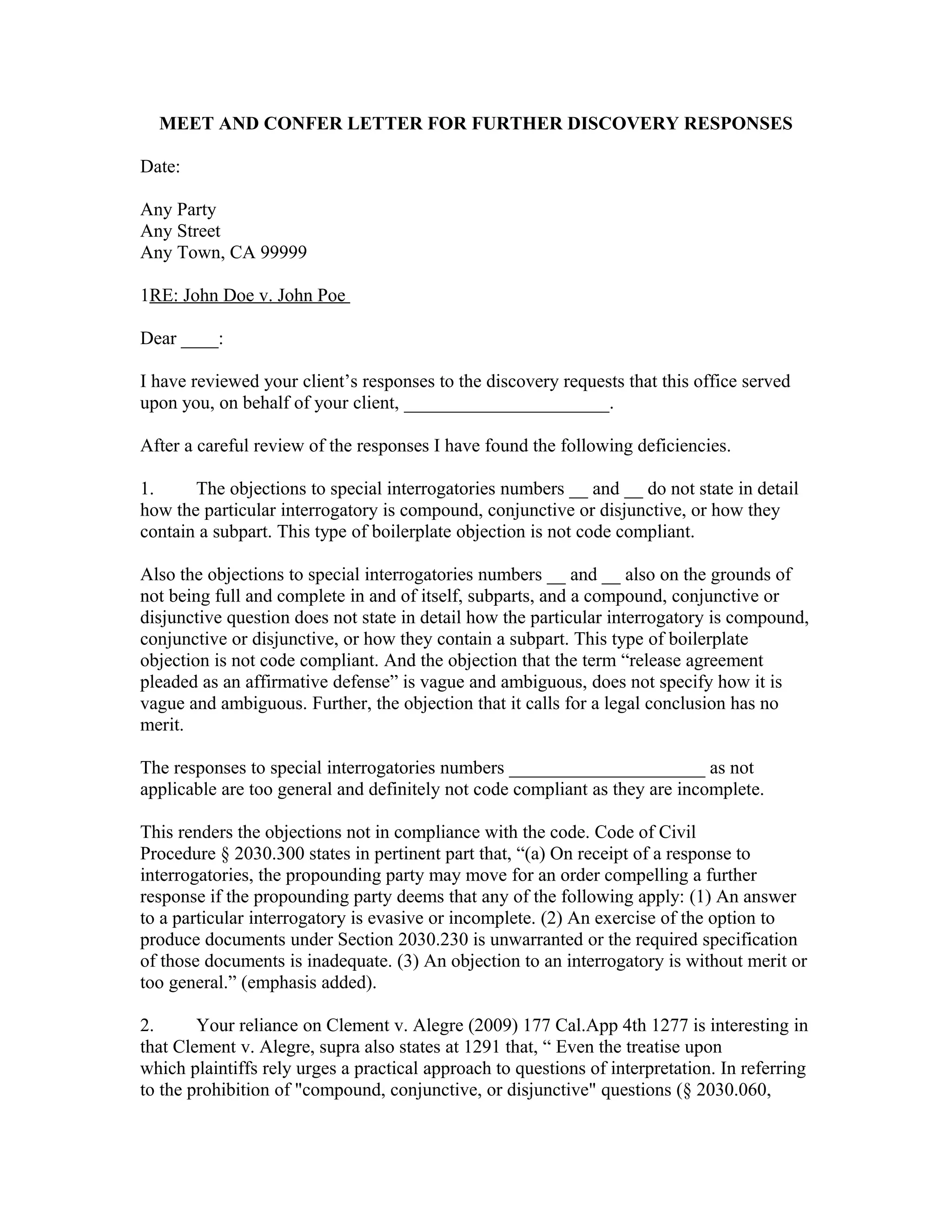 Sample collection of meet and confer letters for discovery in ...