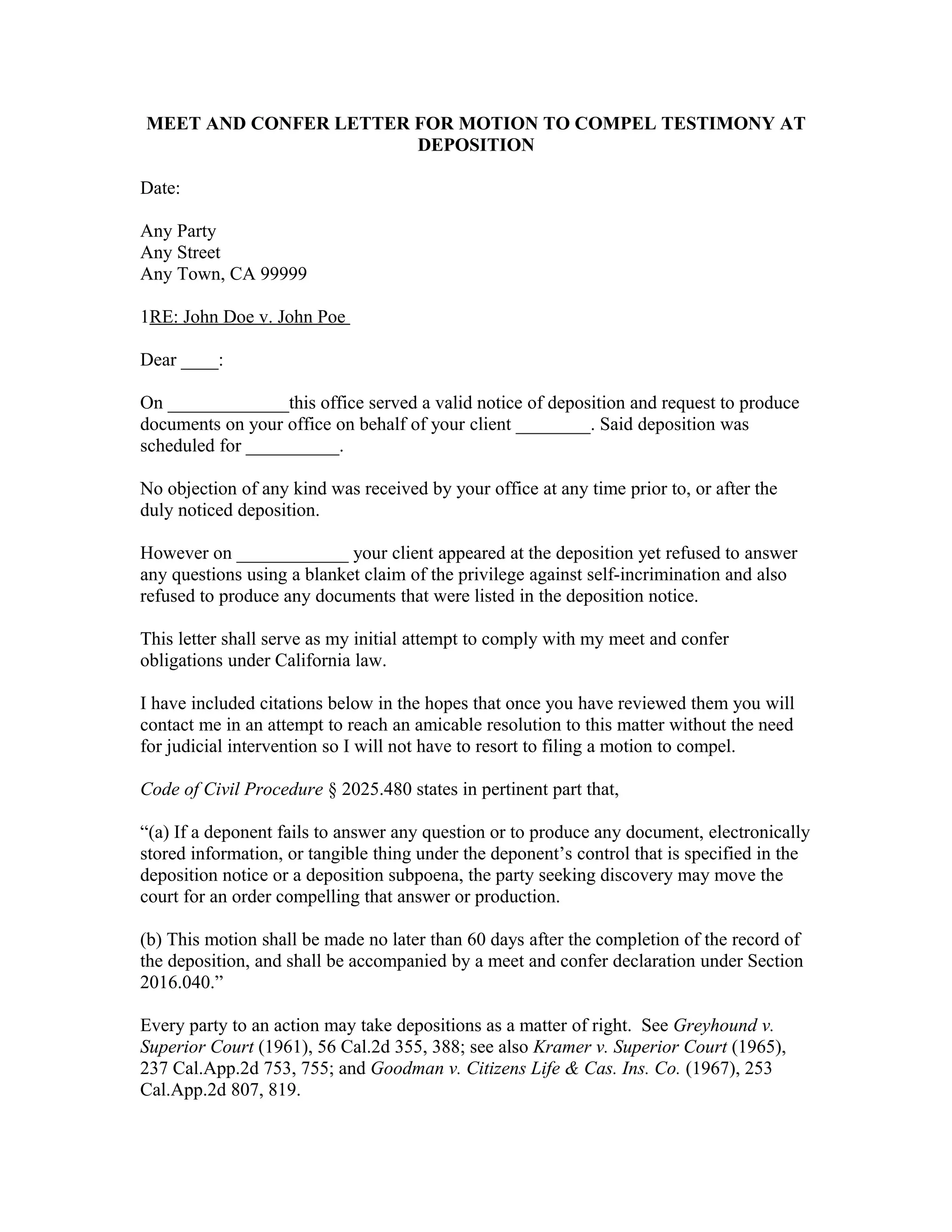 Sample collection of meet and confer letters for discovery in ...