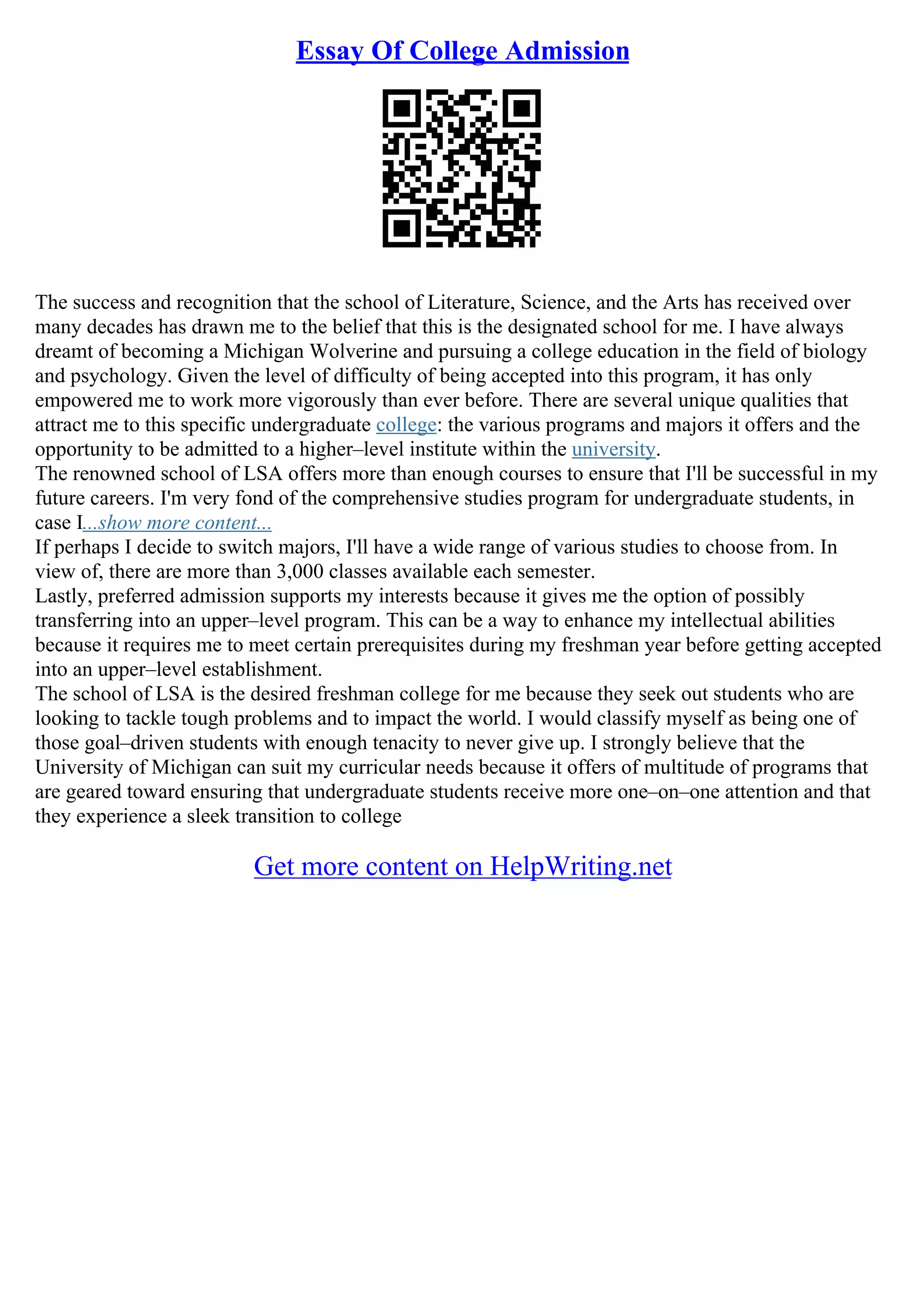 Sample College Admissions Essay | PDF