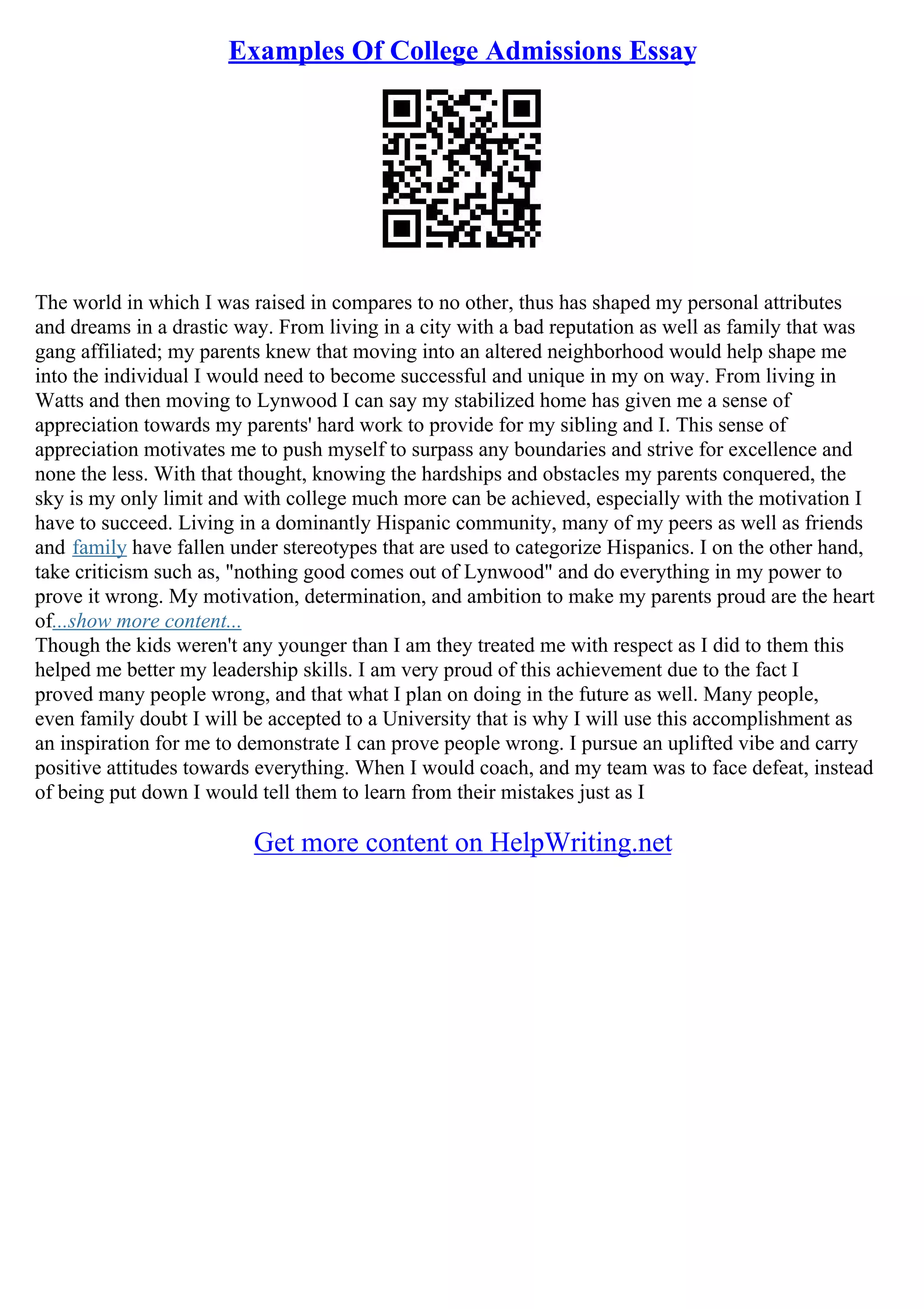 Sample College Admissions Essays | PDF