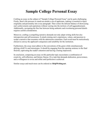 Sample College Personal Essay. Harrington College of Design | PDF