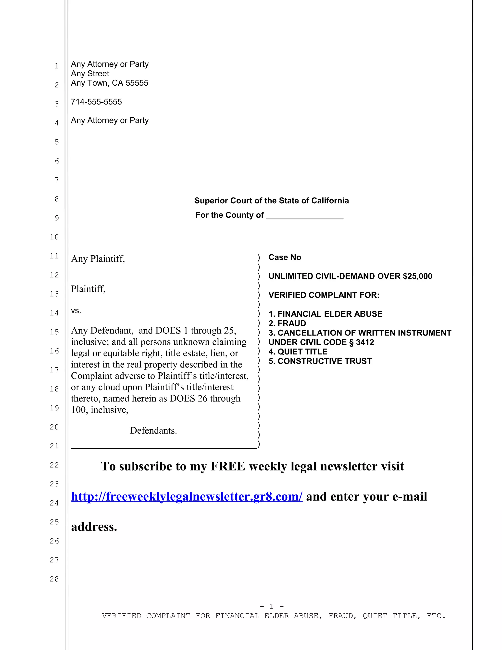 Sample verified complaint for financial elder abuse in California | DOC