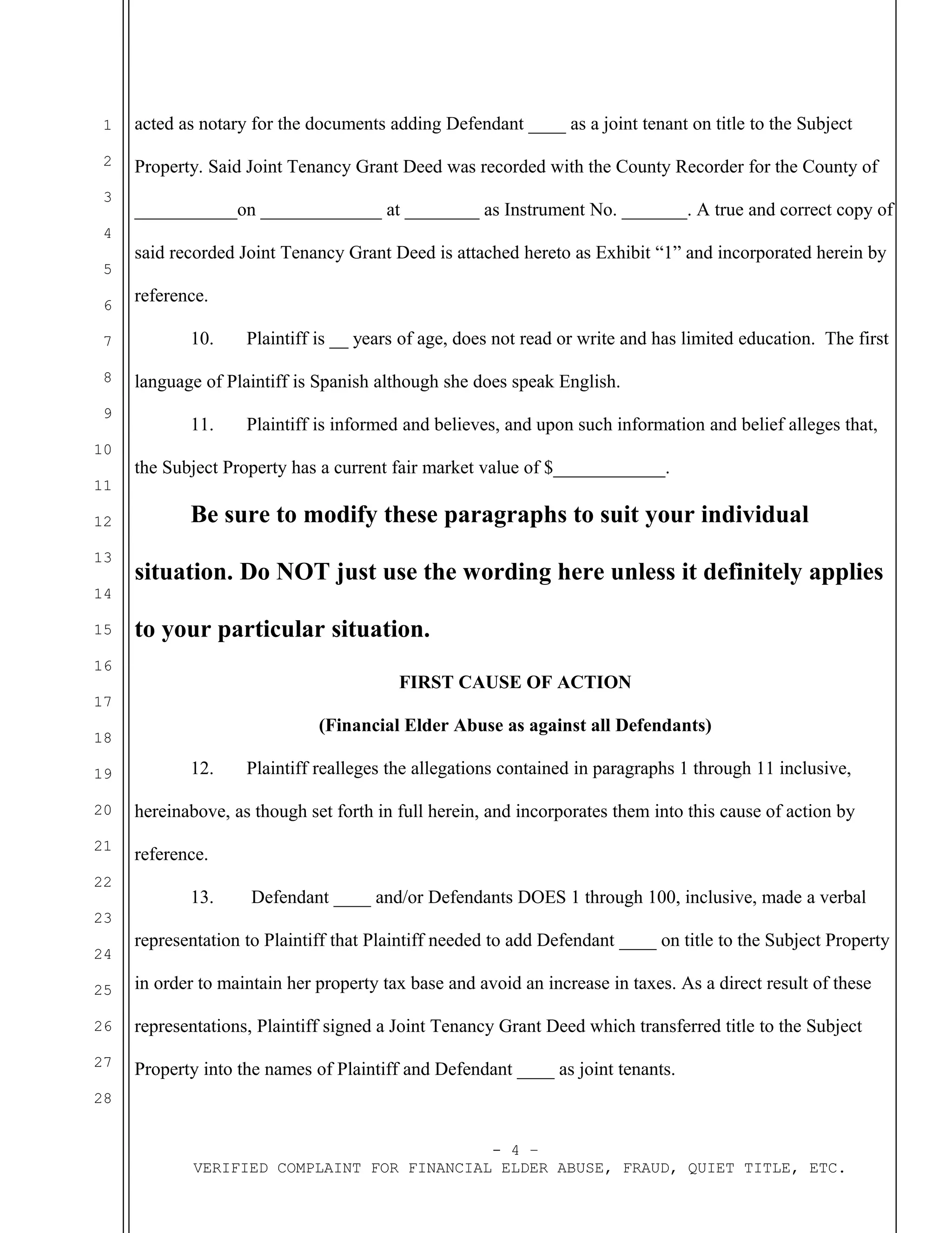 Sample verified complaint for financial elder abuse in California | DOC