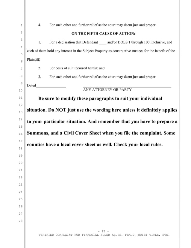 Sample verified complaint for financial elder abuse in California | DOC | Real Estate Buying and ...