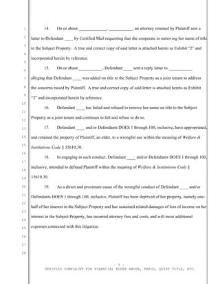 Sample verified complaint for financial elder abuse in California | DOC