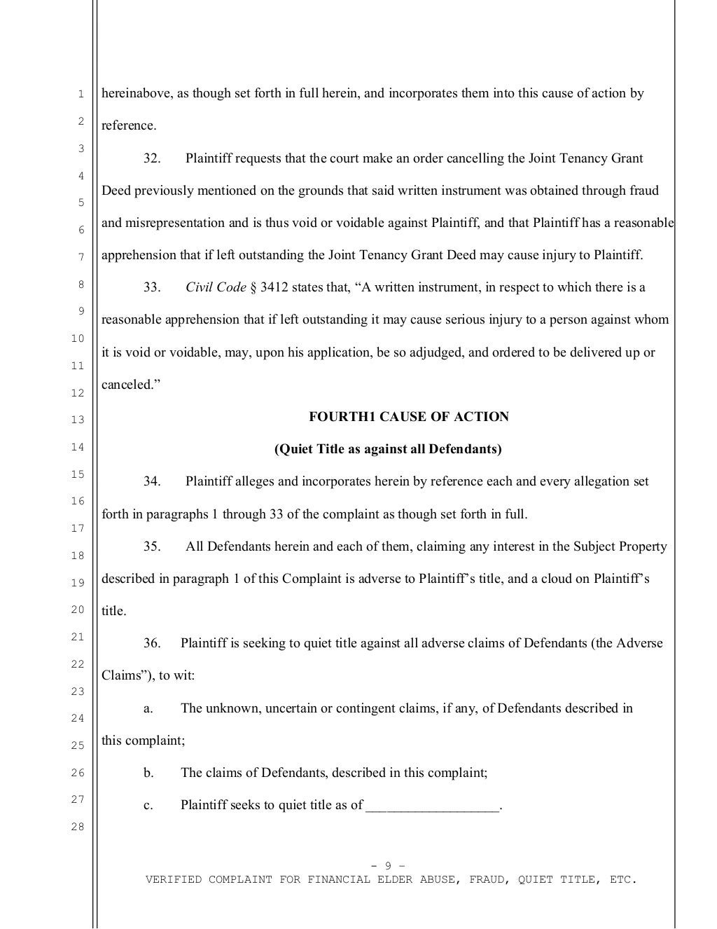 Sample verified complaint for financial elder abuse in California