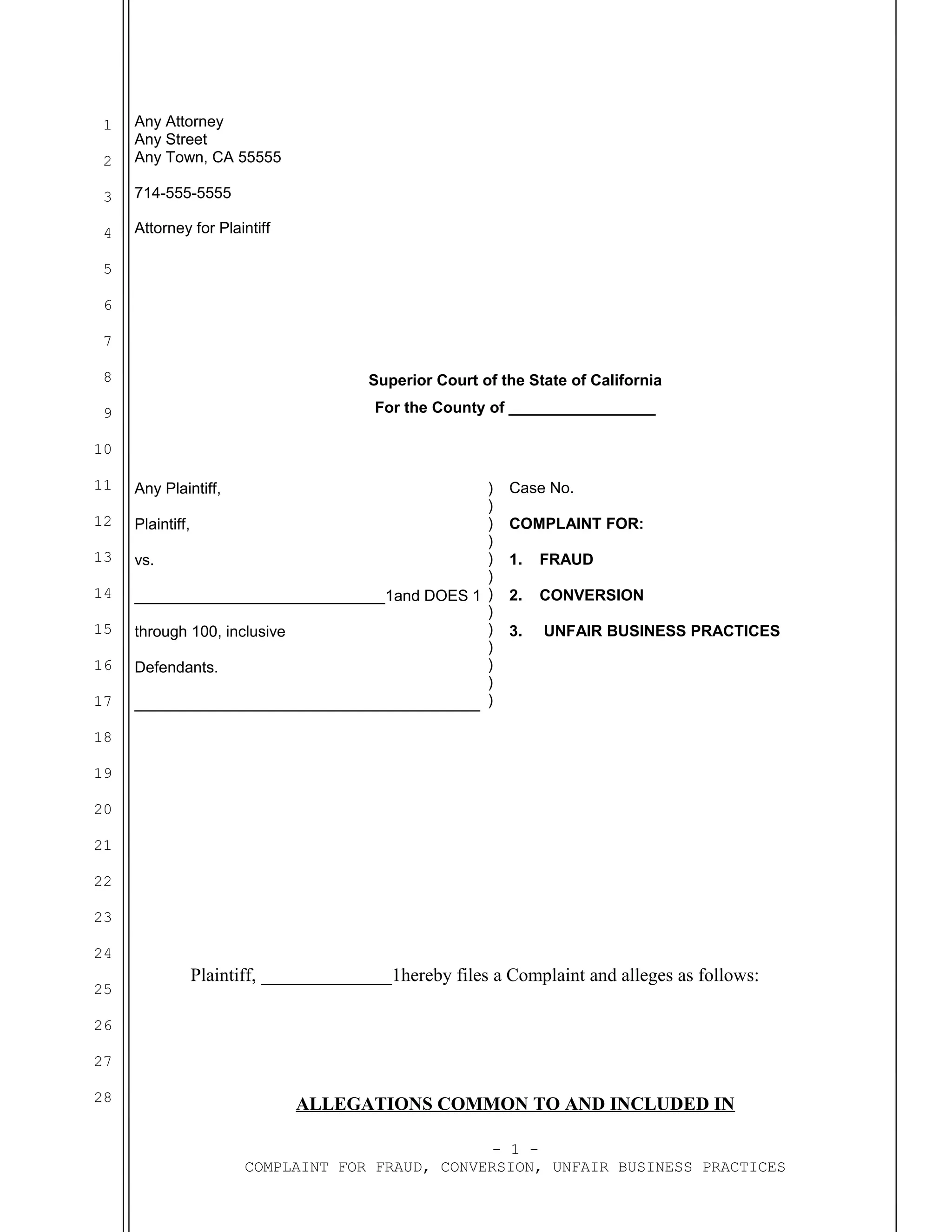Sample California complaint for unfair business practices | DOC