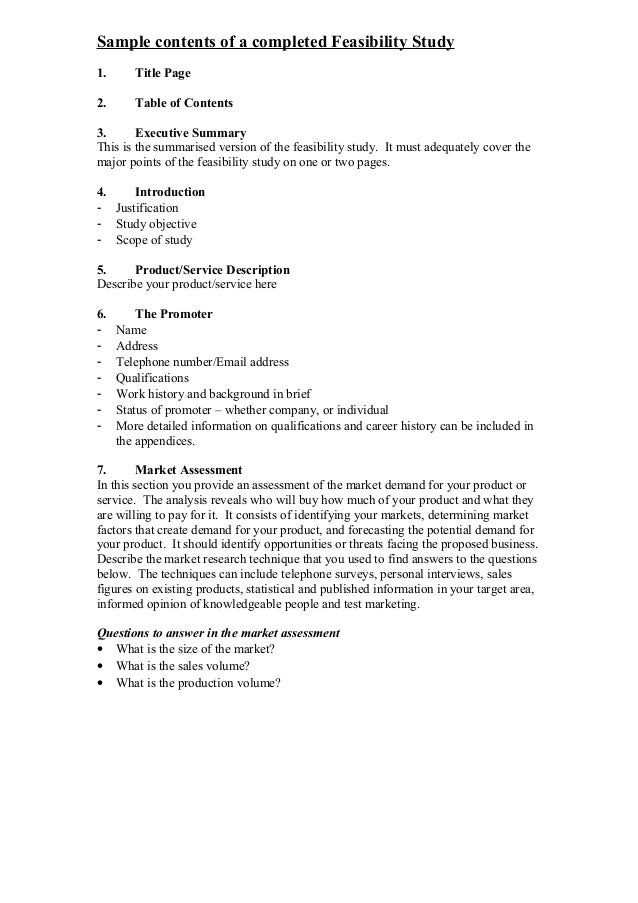 Sample Contents Of A Completed Feasibility Study Sample Contents Of A Completed Feasibility Study
