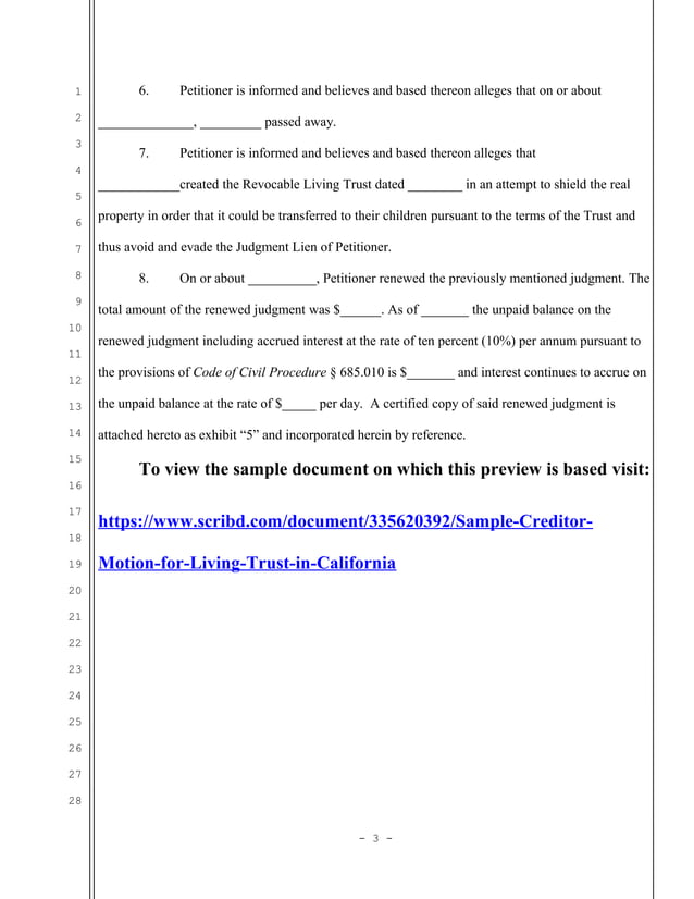 Sample creditor motion to collect judgment from assets of living trust ...