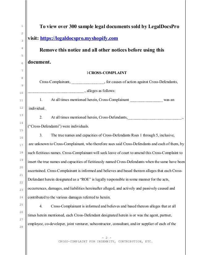Sample cross complaint for indemnity and contribution in California
