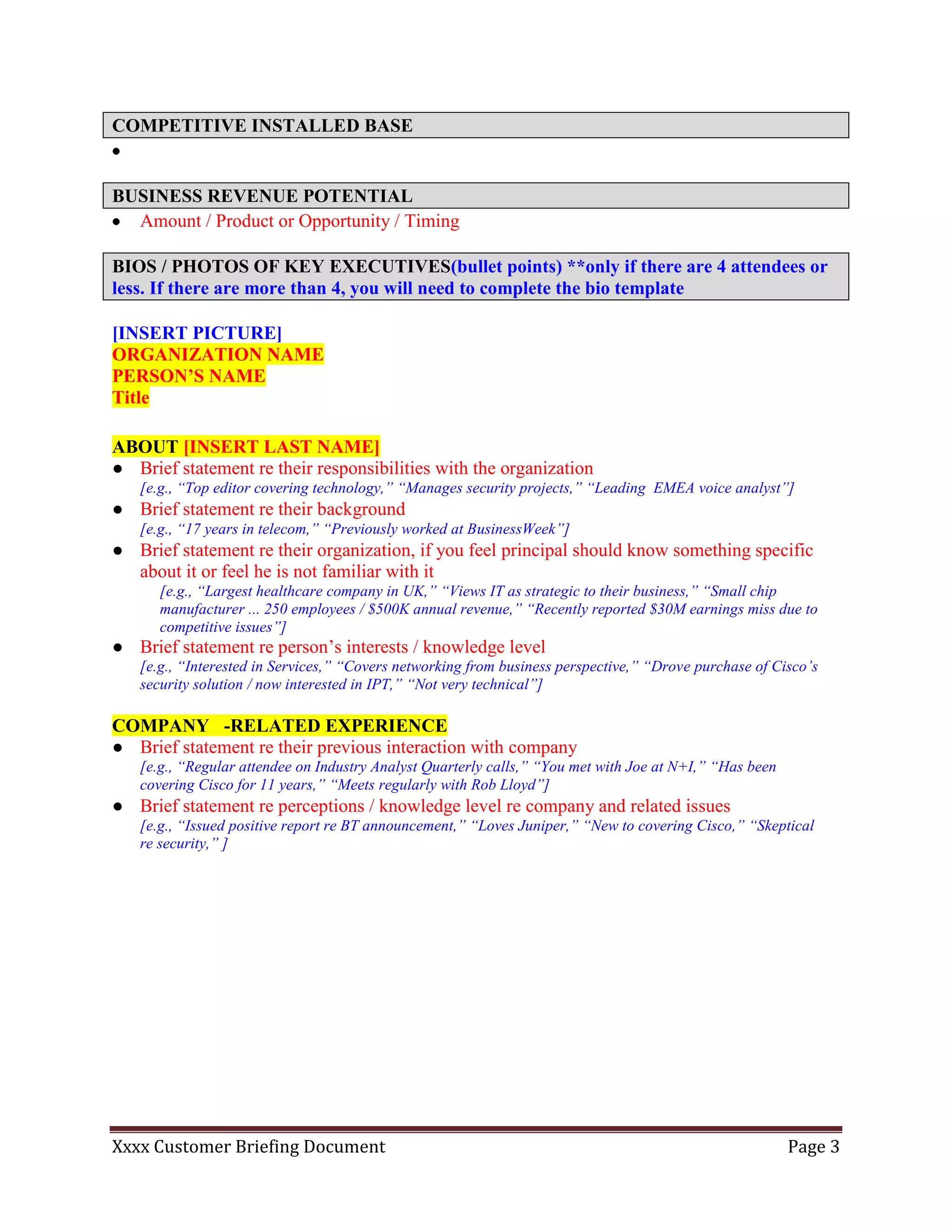 Customer/ Partner Briefing Template for Executive Assistants | DOCX