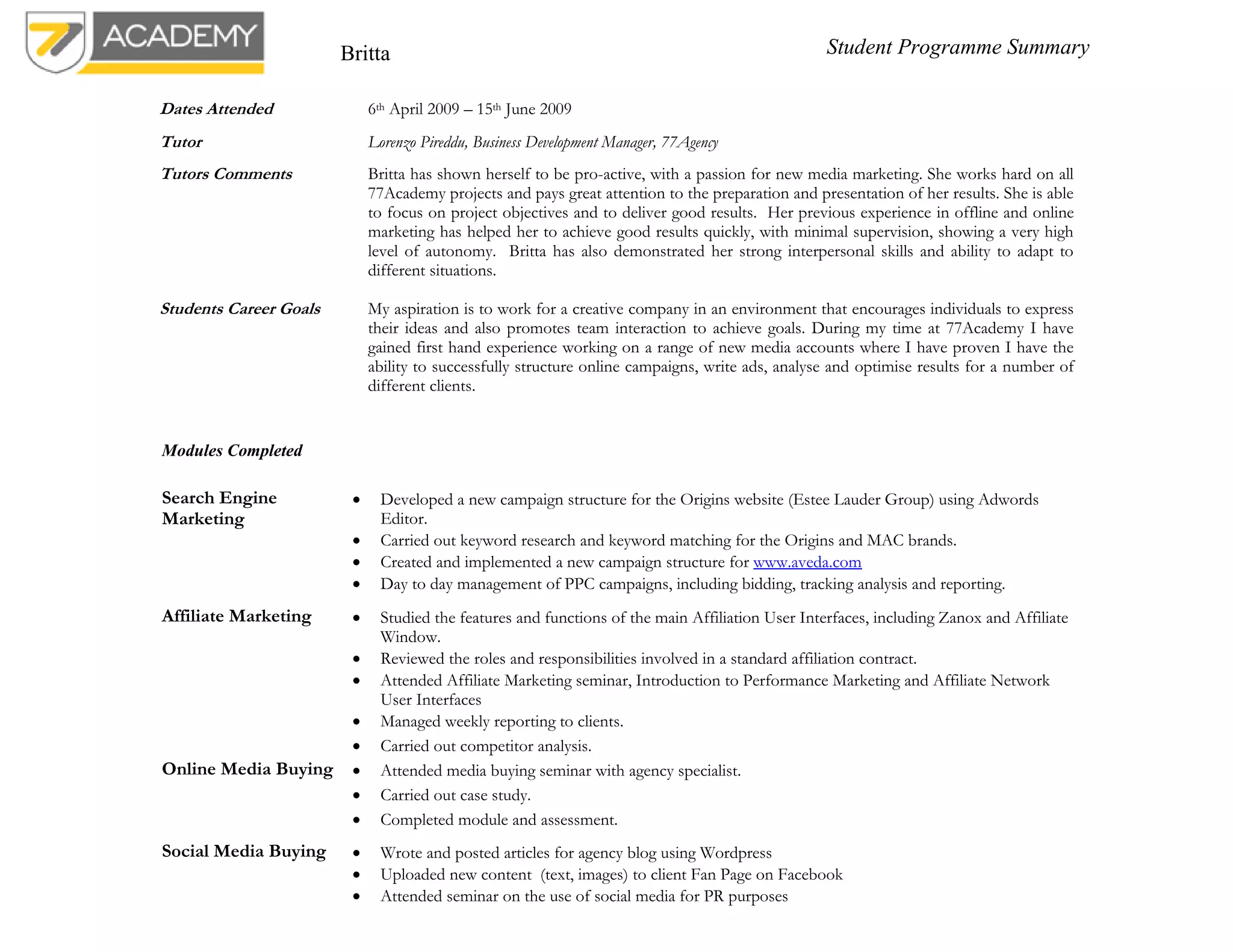 77Academy - Graduate Profiles | PDF