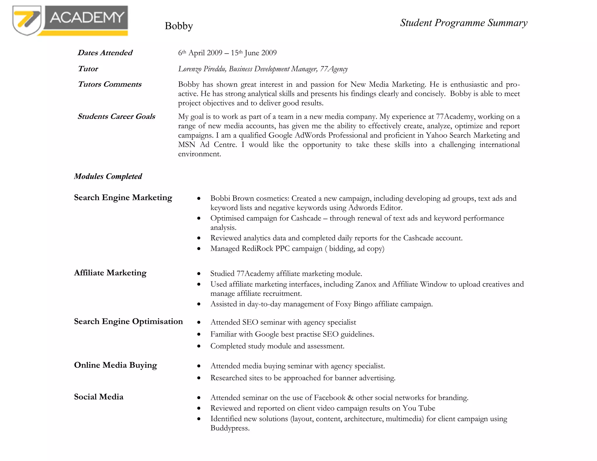 77Academy - Graduate Profiles | PDF