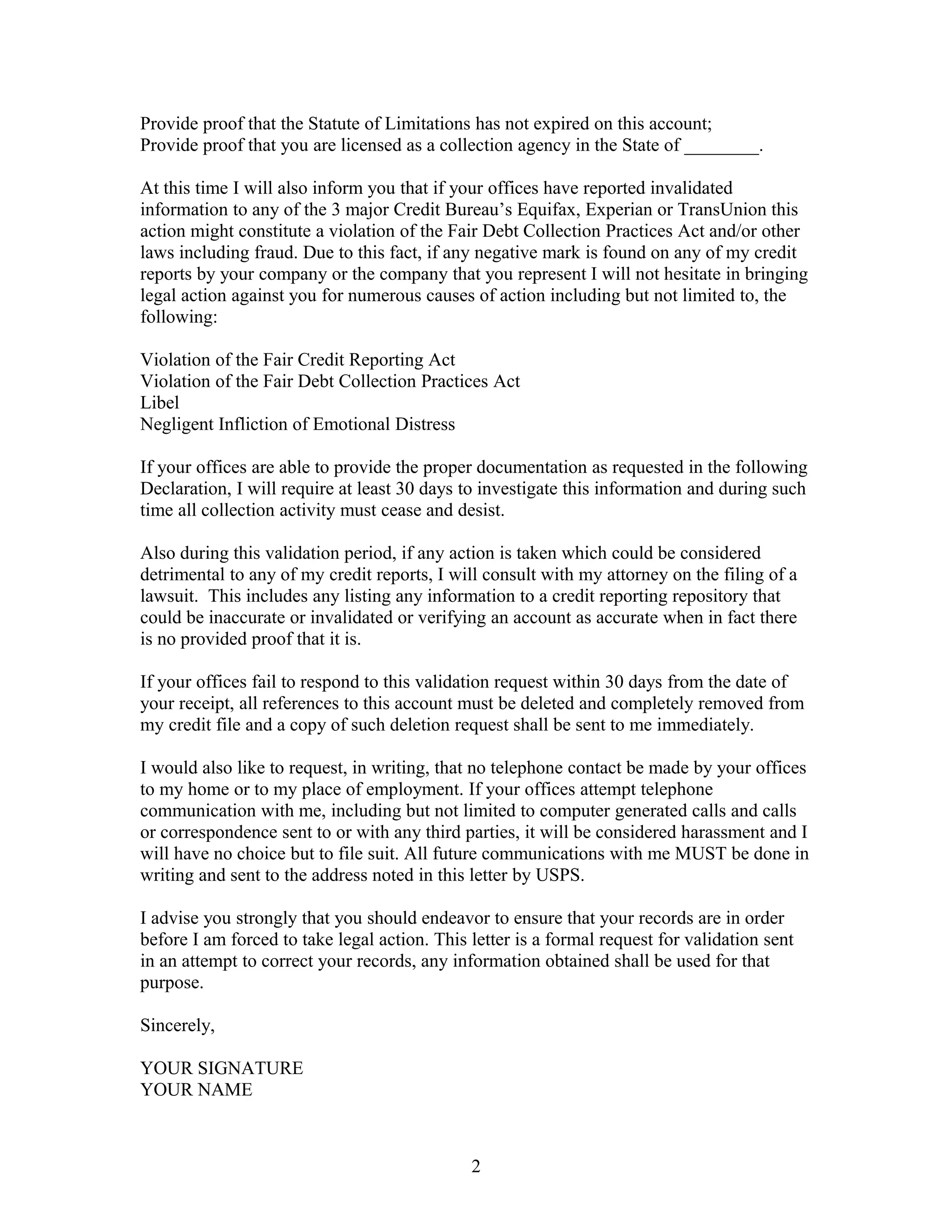 Sample debt validation letter to collection agency | DOC