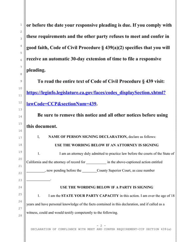 Sample meet and confer declaration for motion for judgment on the ...