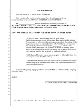Sample meet and confer declaration for motion to strike in California | DOC
